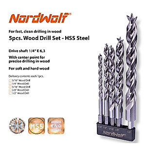 NordWolf 5-Piece HSS Brad Point Wood Drill Bit Set with 1/4" Hex Shank for Carpenter Woodworking, SAE Sizes 3/16"-1/4"-5/16"-3/8"-1/2"