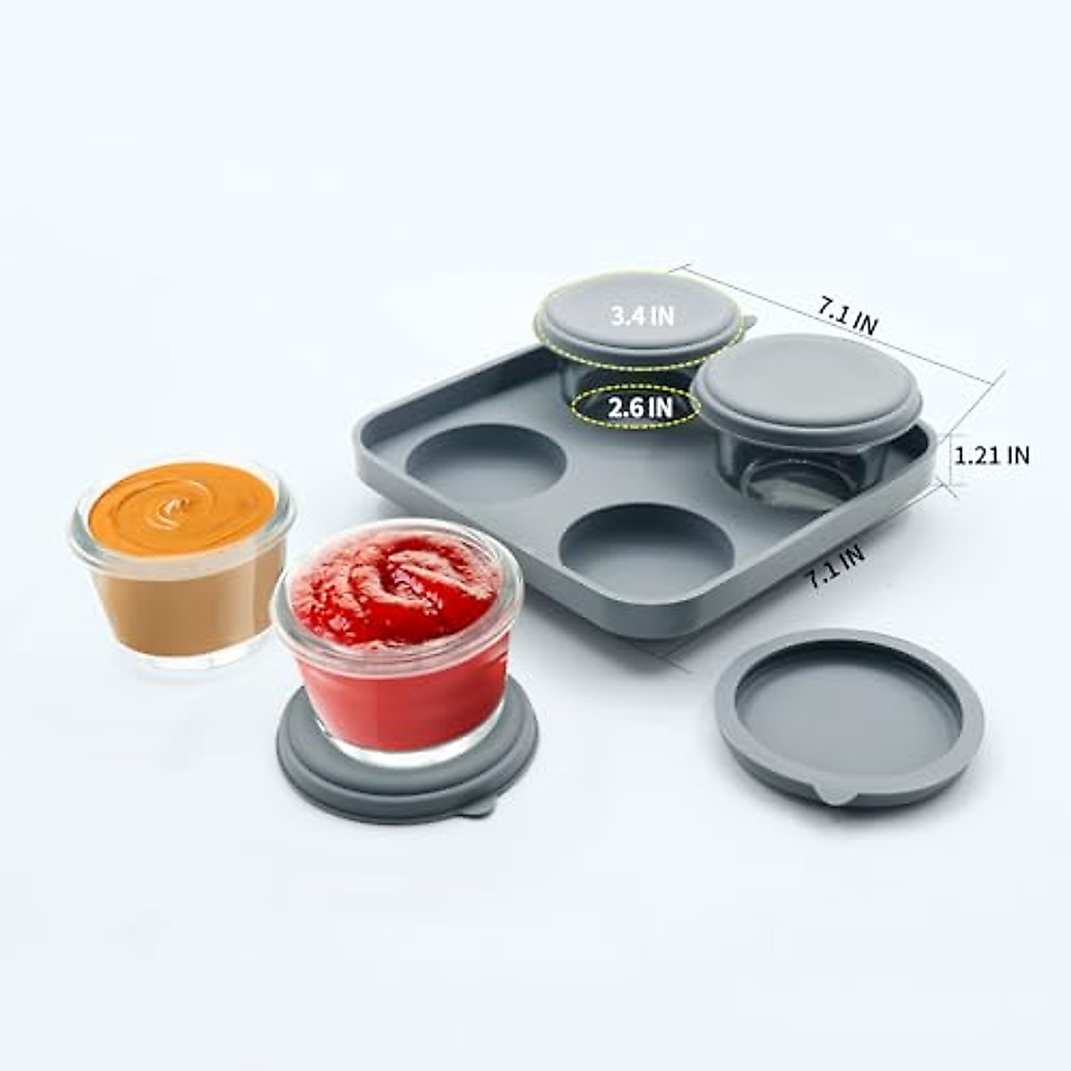 Pudy Roll 4 Pack 4.5 Oz Glass Condiment Containers With Leakproof Lid, Reusable Dipping Sauce Cups Set, BPA-Free, Grey