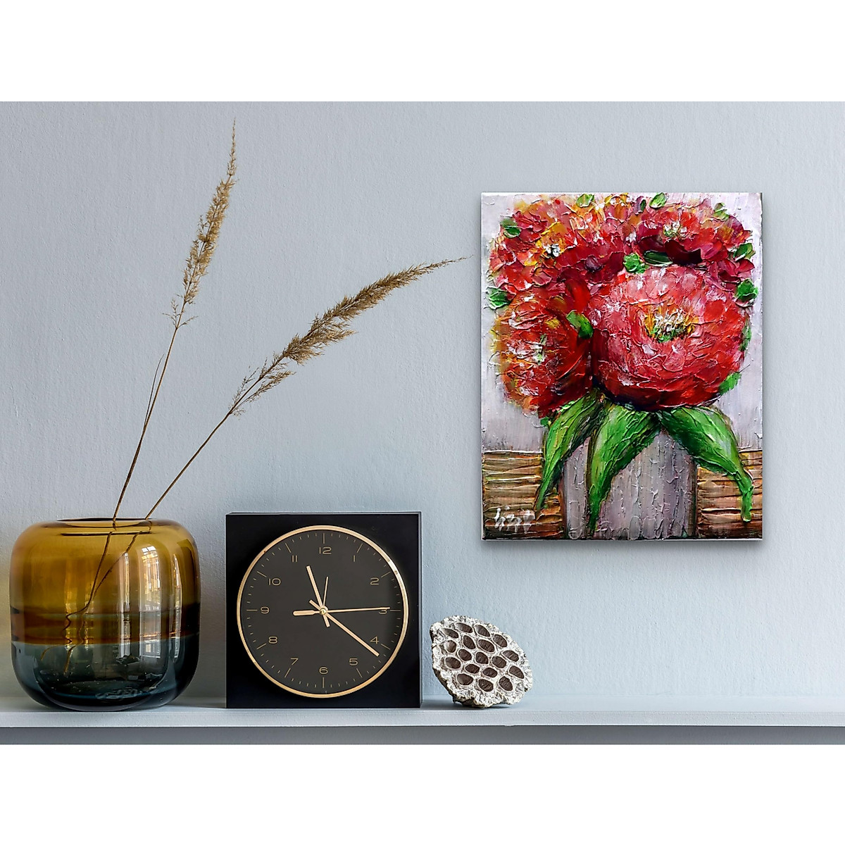 Fall Flowers Bouquet in a Rustic Vase, Red Textured Flower Green Leaves, Original Oil Painting