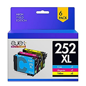 ejet 252XL Remanufactured Ink Cartridge Replacement for Epson 252 Ink 252 XL T252 T252XL Ink for Workforce WF-3640 WF-3620 WF-7210 WF-7710 WF-7720 Printer (2 Cyan, 2 Magenta, 2 Yellow, 6-Pack)