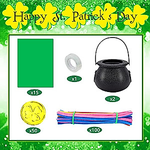 DIY Leprechaun Trap Kit for St. Patrick's Day, Including 50pcs Shamrock Glod Coins,100pcs Multi-Color Pipe Cleaners,2pcs Candy Cauldron Kettles,15Pcs Green Adhesive Paper
