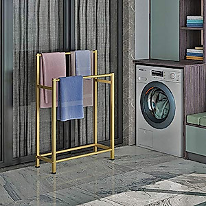 Free Standing Towel Holder Gold Towel Rack for Bathrooms with 2 Towel Rails Metal Floor Clothes Stand with Rust-Resistant Finish to Hang Towels Clothing and More