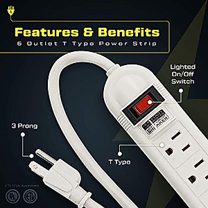 6 Outlet Power Strip T-Type - 90 Joules Surge Protector, 14 AWG x 3C, 15 Amp Shock Proof, 3 Prong, White - by Revpex