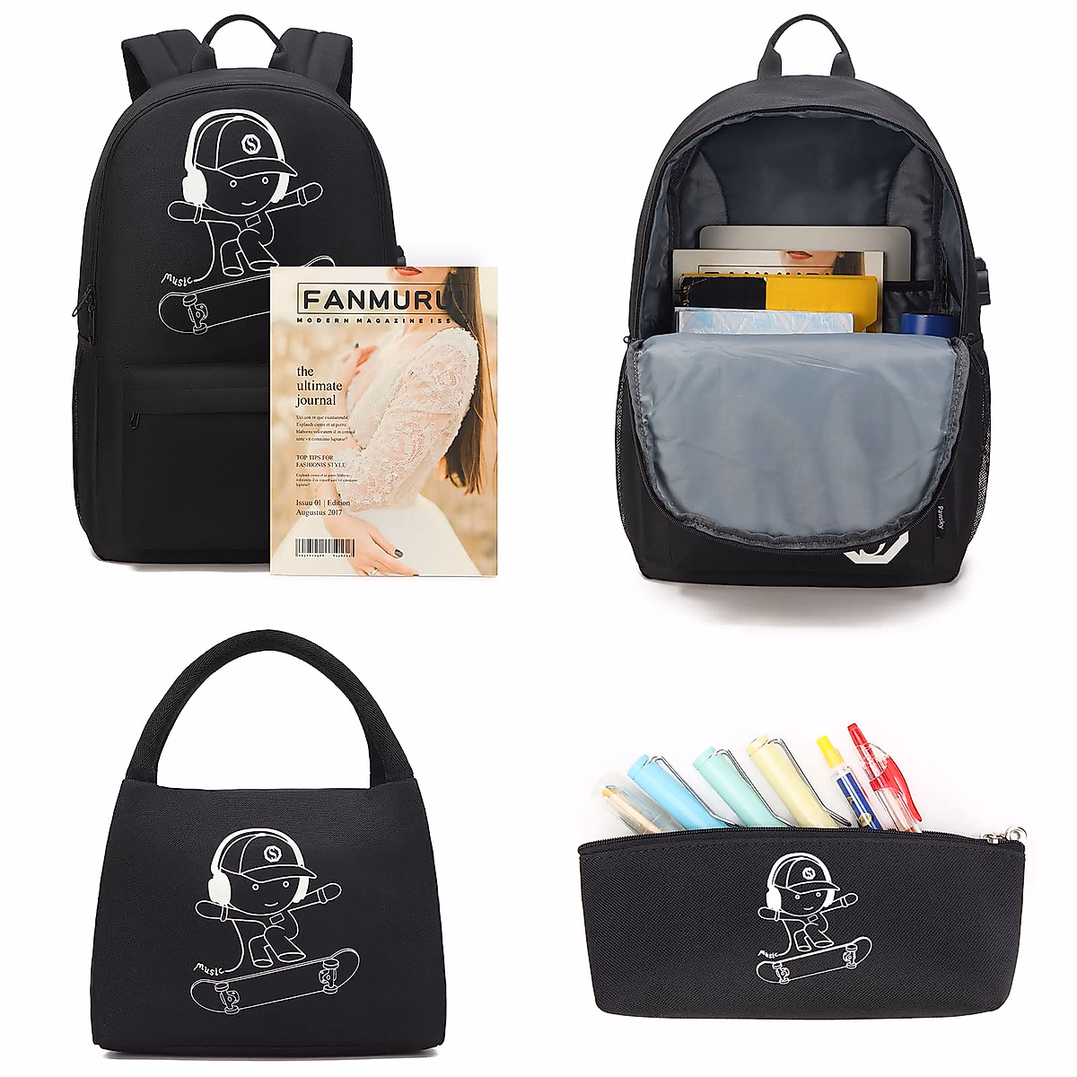 Pawsky School Backpack for Kids Skateboard Anime Luminous Backpack with USB Charging Port, Anti Theft Lock, College School Bookbag for Teen Boys and Girls with Lunch Bag and Pencil Case