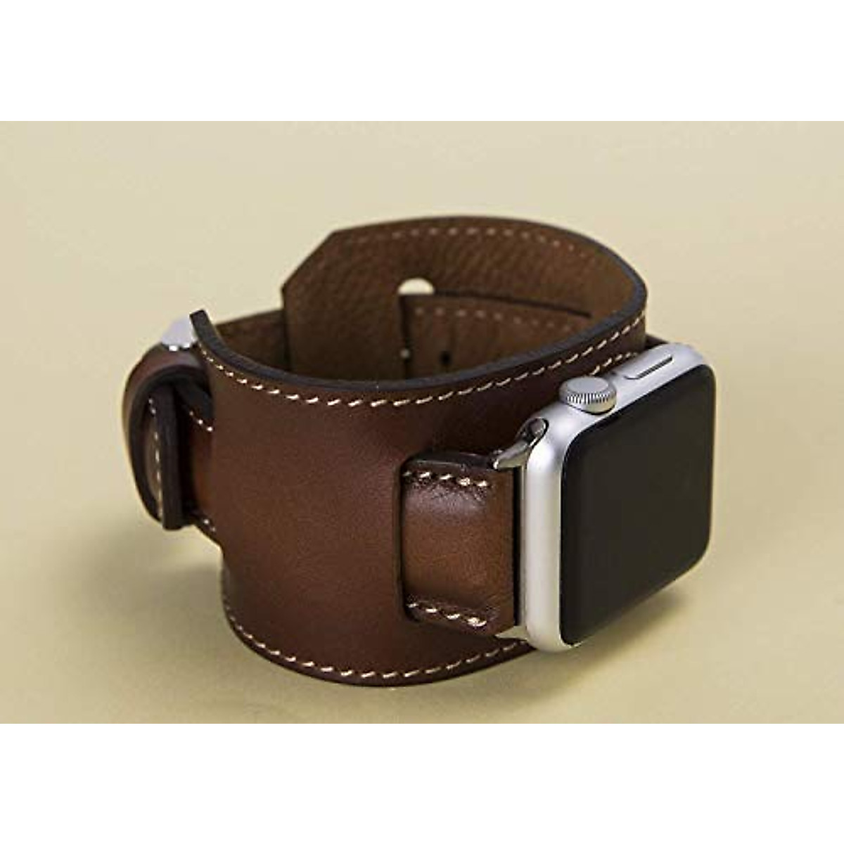 VENOULT Compatible Apple Watch Cuff Brown Leather Band for All Series iWatch Band, Man or Women, Genuine Leather Strap, High Quality, Engraving Available, HANDMADE
