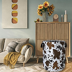 Cows Skin Brown Print Laundry Basket Foldable With Handles Tote Bag Oxford Cloth Animal Funny Laundry Hamper Clothes Storage Bucket Toy Organizer 18.9" x16.5" For Bathroom/Laundry/Bedroom