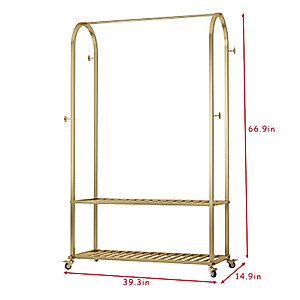 Gold Clothing Rack on Wheels Modern Display Rack with 2-tier Shelf Metal Hanging Rack Gold Clothes Rack for Boutique, Retail or Home (gold)