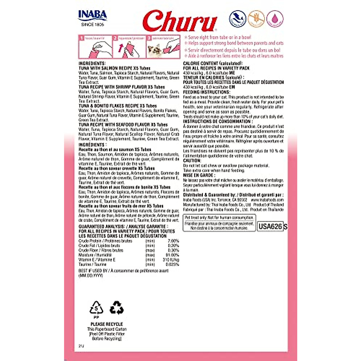 INABA Churu Cat Treats, Grain-Free, Lickable, Squeezable Creamy Purée Cat Treat/Topper with Vitamin E & Taurine, 0.5 Ounces Each Tube, 20 Tubes, Seafood Variety Box