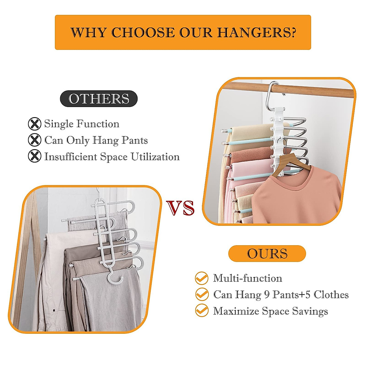 [2024 Upgraded] Zensbin Space-Saving 9-Layer Pant Hanger with Non Slip Stainless Steel Rack for Jeans, Trousers and Shirts (2 Pack)