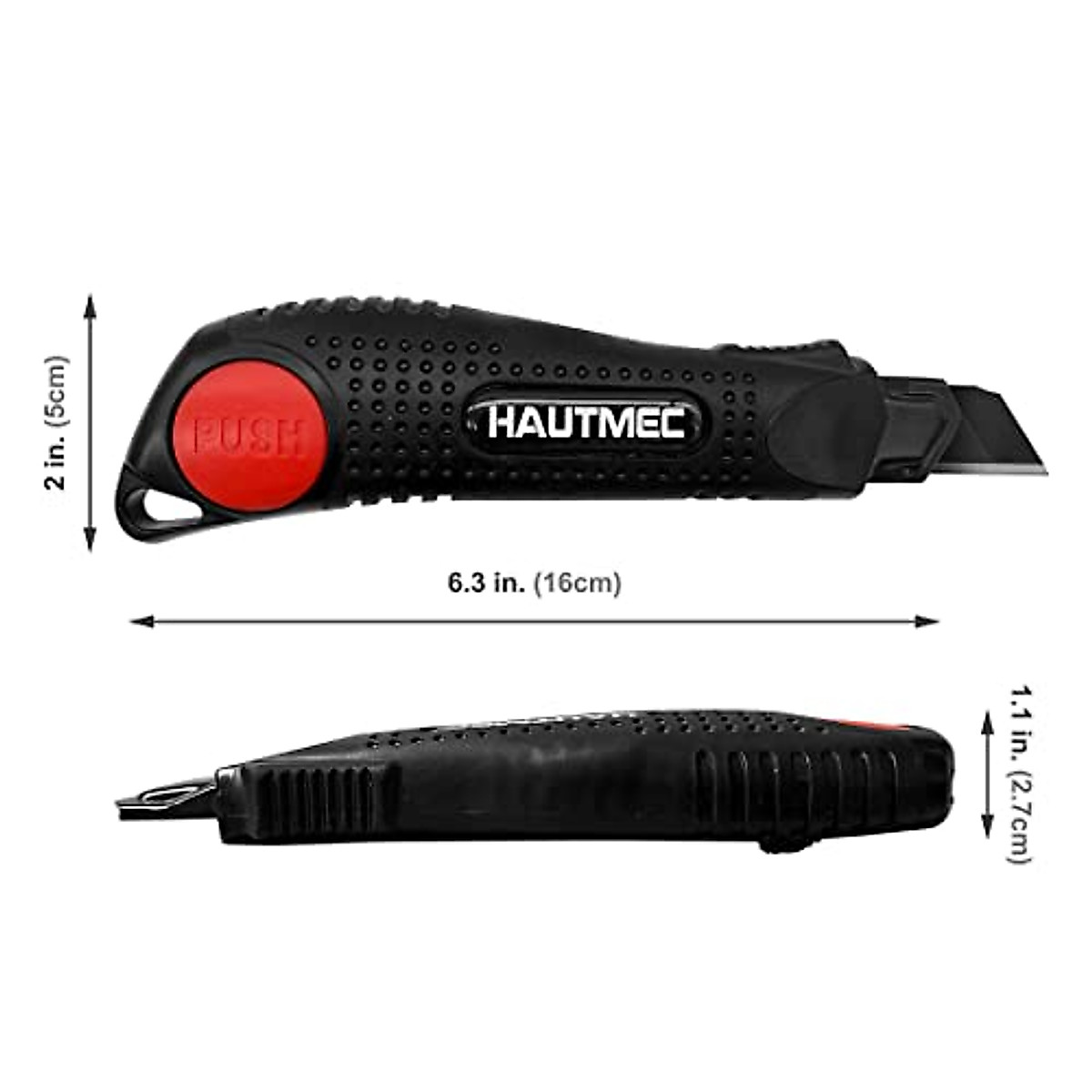 HAUTMEC 18mm Utility Knife Box Cutter with Safety Quick Change Button, Snap off Black SK2 Ultra Sharp Blade, Anti-Slip Ergonomic Rubber Handle for Leather, Rubber, Cartons, Boxes HT0081-KN