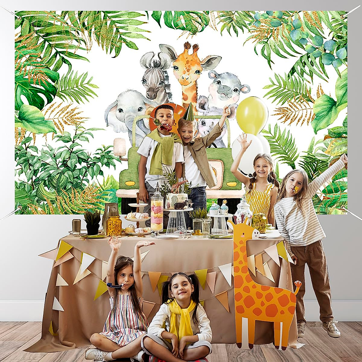 Mocsicka Safari Jungle Animal Party Banner Wild One Baby Shower Birthday Party Decoration for Boy Cartoon Elephant Giraffe Lion Forest Jungle Theme Party Supplies, 72.8 x 43.3 Inch