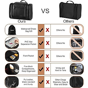 Elviros Travel Hanging Toiletry Bag for Women and Men, Large PU Leather Toiletries Organizer, Water-resistant Bathroom Shaving Kit for Cosmetics, Makeup Case (Extra Large, Black)