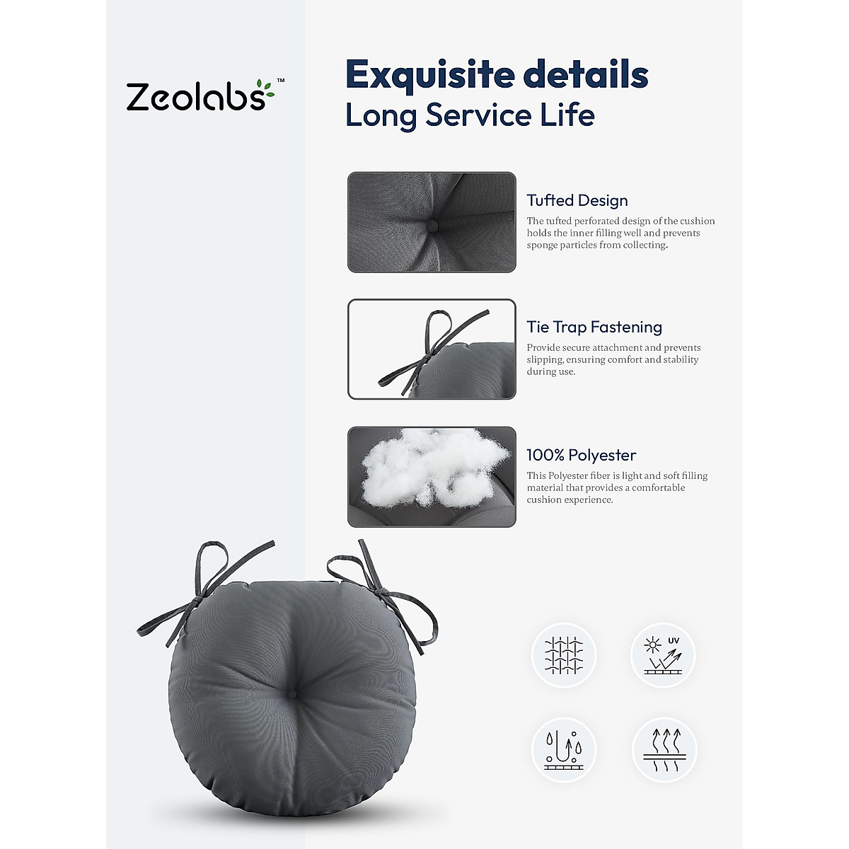 ZEOLABS Bistro Chair Cushions,15 inch Waterproof Tufted Outdoor Round Chair Cushions with Ties for Patio Furniture,Set of 2,Dark Grey