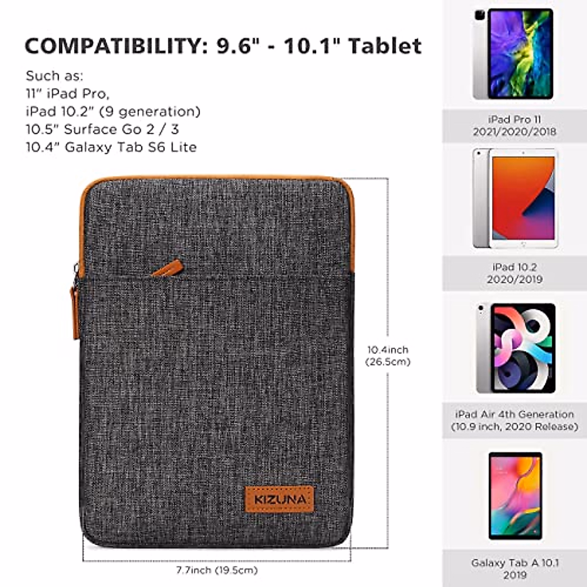 KIZUNA 9.7-10 Inch Tablet Sleeve Water Resistant Laptop Bag for 9.7" 10.5" 11" iPad Pro/Apple 10.2" iPad/10 Surface Go/Huawei MediaPad M5 Pro/10.5" Samsung Galaxy Tab A S6/Lenovo Smart/Acer -Brown