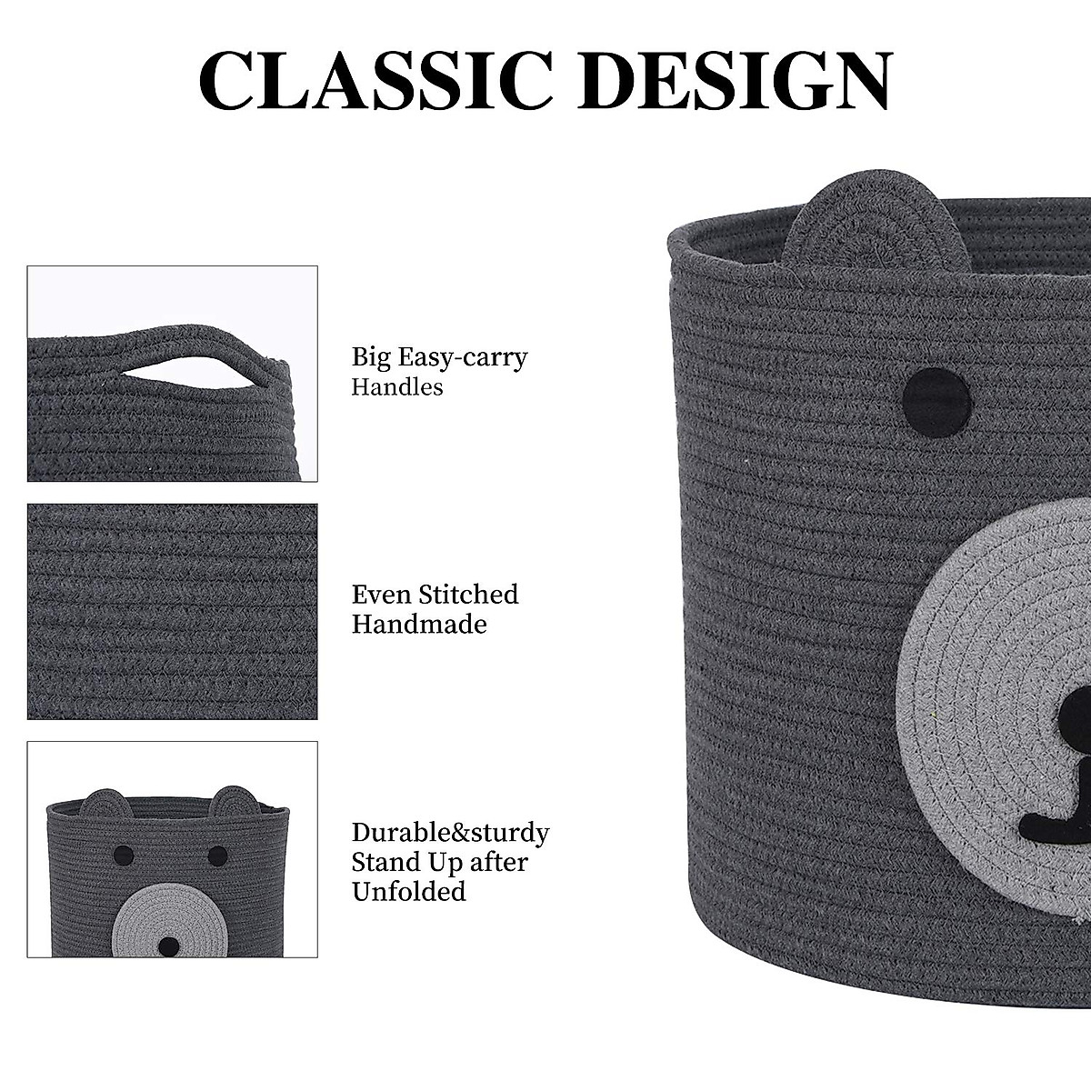 InfiBay Baby Toy Storage, Cotton Rope Storage Basket with Bear Design, Toy Storage Bin with Handles, Woven Laundry Hamper, Baby Nursery Organizer for Toys, Blanket, Clothes, Towels, 12”(D) x 11”(H)