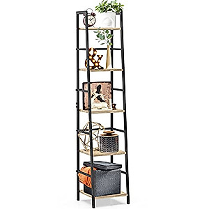 SpringSun 5-Tier Ladder Shelf Bookcase, Living Room Rustic Standing Shelf Storage Organizer, Wood and Metal Shelf for Home and Office