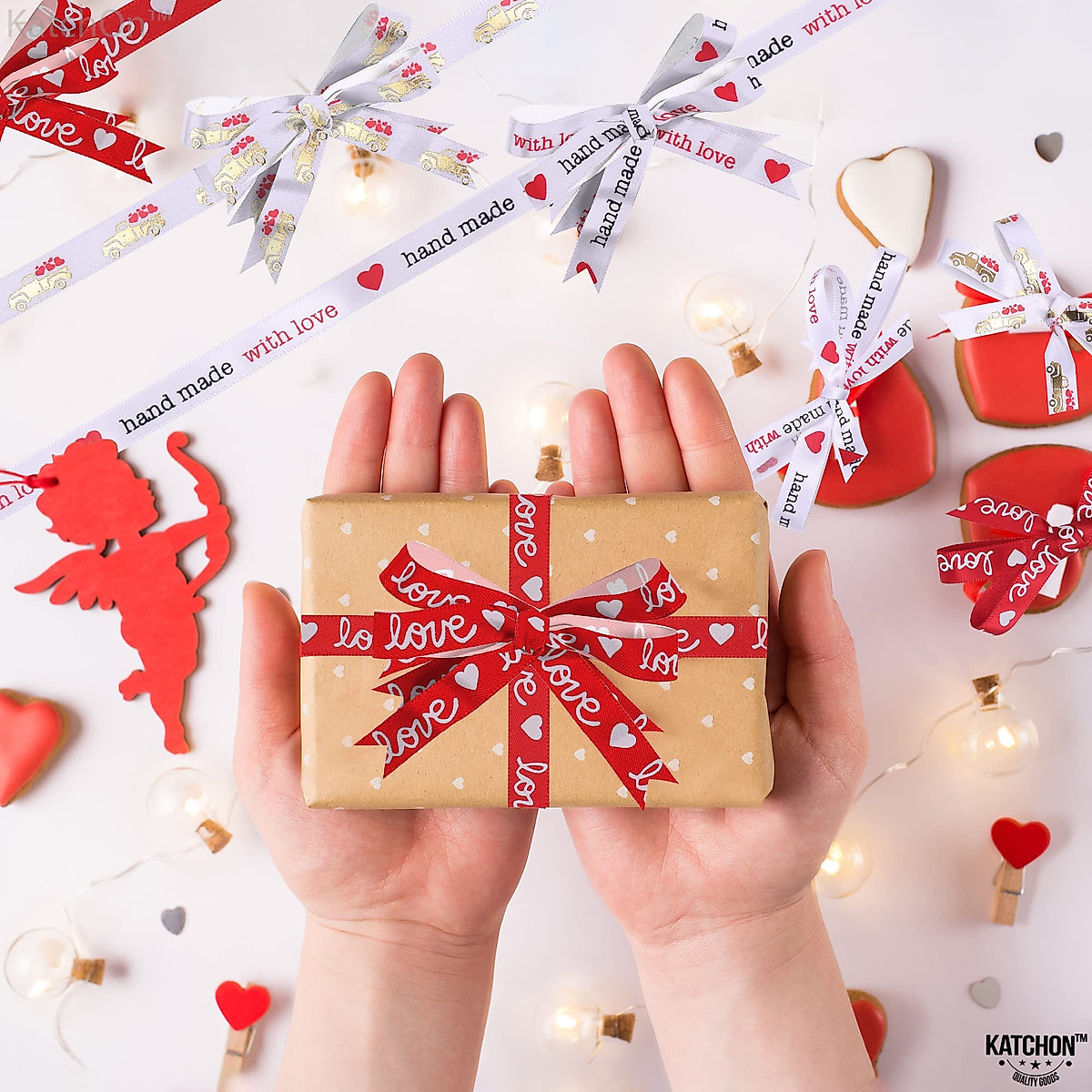 Grosgrain, Wired Valentine Ribbon Bundle - 30 Yards | Red Ribbon for Valentines Day Ribbon Wired | Valentines Ribbon for Boxes | Valentine Day Ribbons for Crafts | Red Heart Ribbon for Gift Wrapping