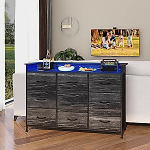 EXOTICA Black Dresser with Charging Station 9 Drawers Dresser with LED Light and USB Ports Fabric Dresser for Bedroom Hallway Entryway Closets Sturdy Steel Frame Wood Top