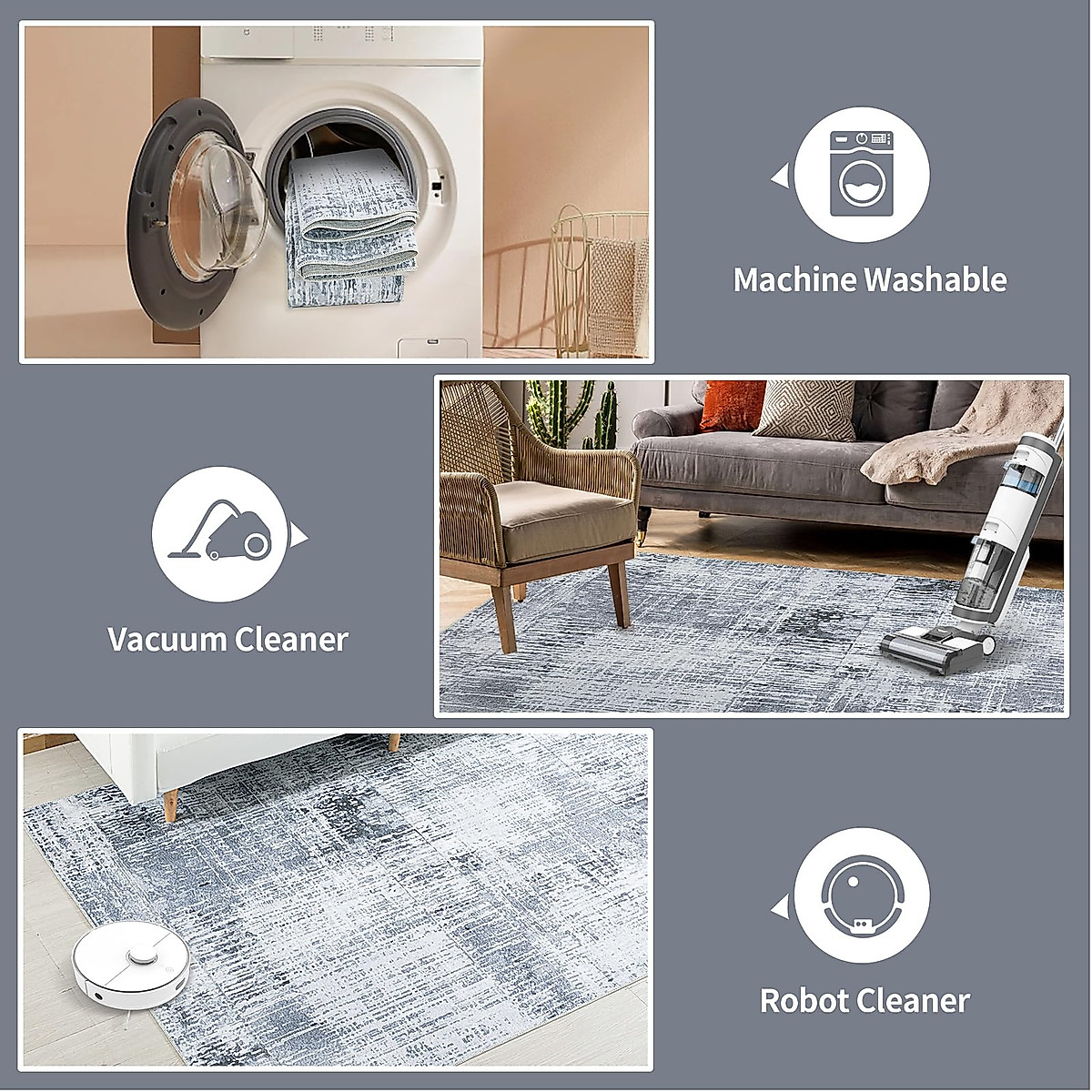 HOMBYS 10x14 ft Modern Abstract Area Rug for Living Room Bedroom, Large Non-Slip Boho Floor Carpet for Indoor Office Dining Room, Traditional Home Deco, Grey, Machine Washable