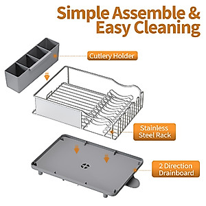 Urackify Dish Rack, 304 Stainless Steel Dish Drying Rack for Kitchen Counter, Dish Drainer with Cutlery Holder for Large Capacity, Dish Drying Rack with drip Tray, Grey