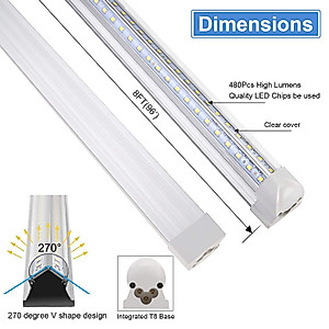 Henwsi 8FT LED Shop Light Fixture, White 10 Pack T8 Integrated Tube Lights, 72W 9500LM 6500K High Output Clear Cover, V Shape 270 Degree Lighting for Garage Warehouse, Upgraded Lights Plug and Play