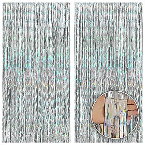 KatchOn, Holographic Silver Streamer Backdrop - XtraLarge 3.2x8 Feet, Pack of 2 | Silver Fringe Backdrop for Silver Streamers Party Decorations | Silver Tinsel Backdrop for Disco Party Decorations