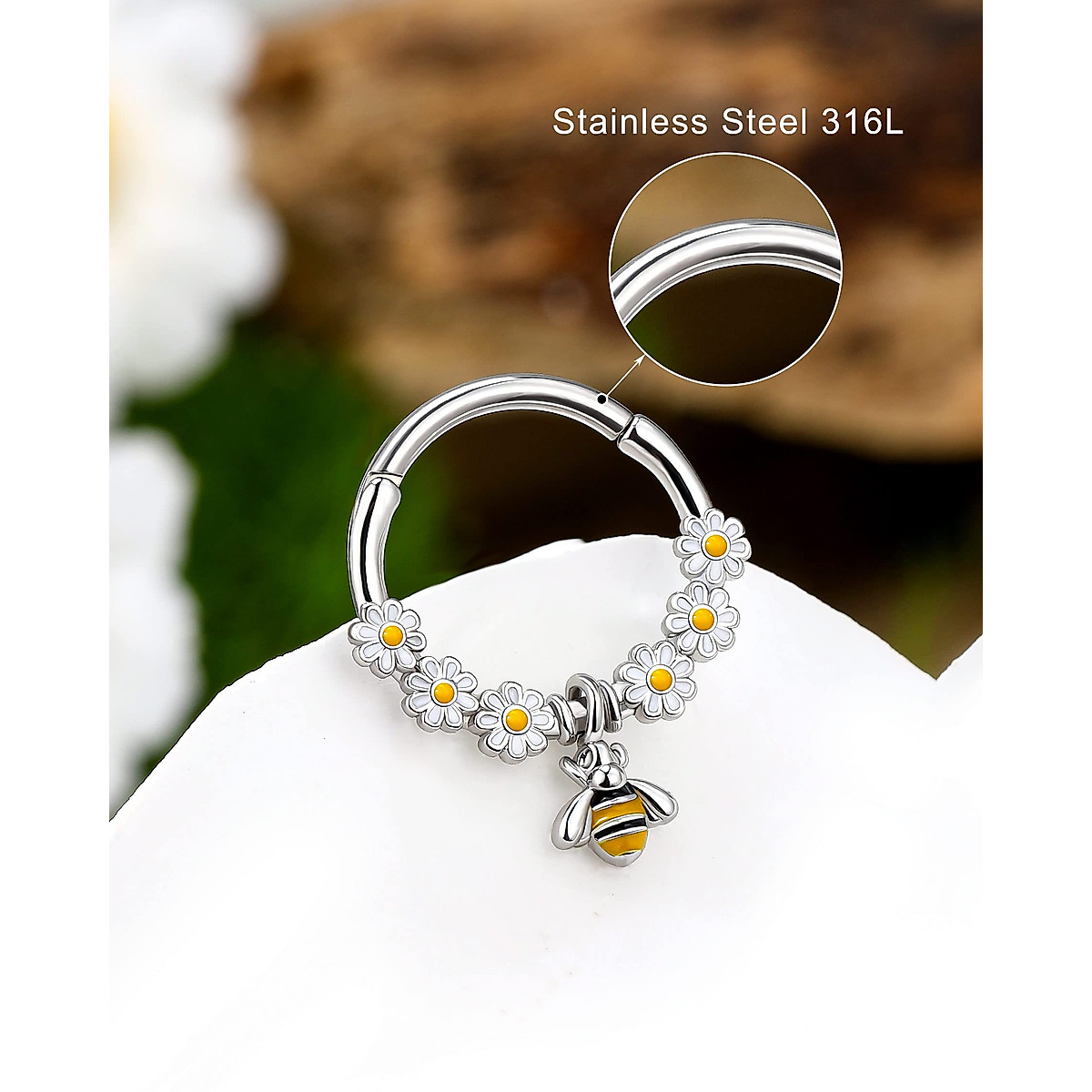 Melighting Bee Septum Rings 16G Dangle Septum Jewelry Stainless Steel 316L Flower Septum Ring Cute Daith Earrings Helix Earring Cartilage Tragus Piercing for Women