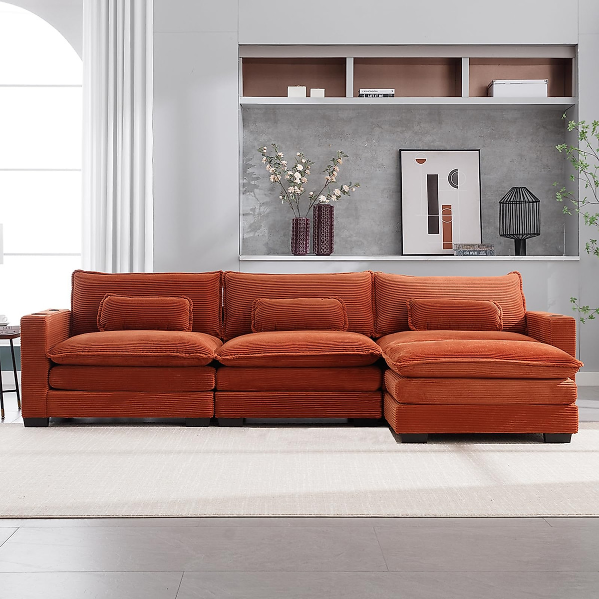 KIVENJAJA Corduroy Cloud Sectional Couch, Modern Comfy Modular L-Shaped Sectional Sofa with Ottoman, Cup Holders & USB Port for Living Room Apartment, 117.7”W, Orange