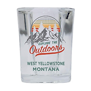 R and R Imports West Yellowstone Montana Explore the Outdoors Souvenir 2 Ounce Square Base Liquor Shot Glass
