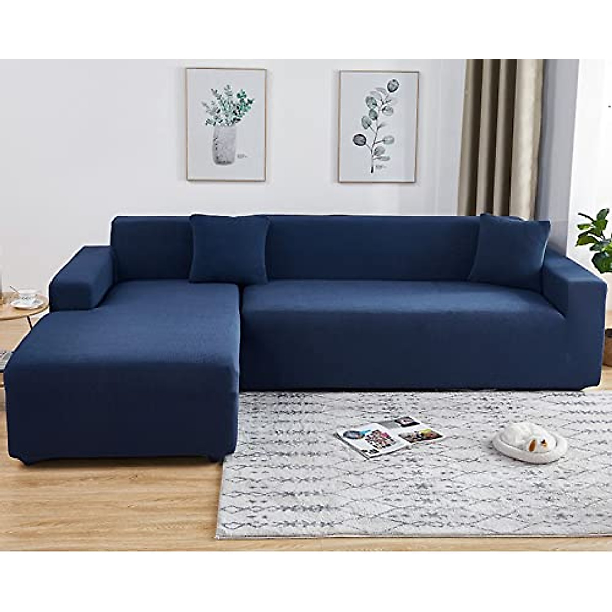 IMYOGI High Stretch Sofa Covers High Stretch Sofa Cover L Shape Stylish Sofa Slipcovers Solid Color Jacquard Fabric with Non Skid Foam Couch Covers for Living Room -Blue-4 Seater+4 Seater