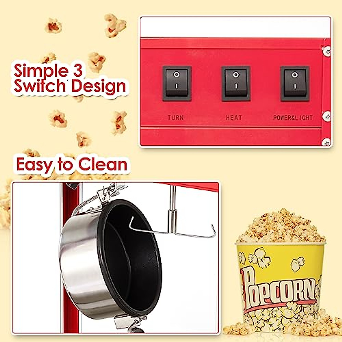 Garvee Commercial Popcorn Machine - Electric Extra Large Popcorn Popper Machine 8 oz Kettle, Popper Popcorn Maker for 60 Cups for Batch,Movie Theater Poppers Machine with 10 PACK Popcorn Buckets