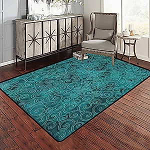 PeeNoke Curve Teal Colored Seamless Hand Drawn Abstract Curly Contours Area Rug Outdoor Patio Rug Play Mat Modern Floor Carpet Non-Slip Home Decor Living Room Kids Bedroom Nursery, 3x5 ft