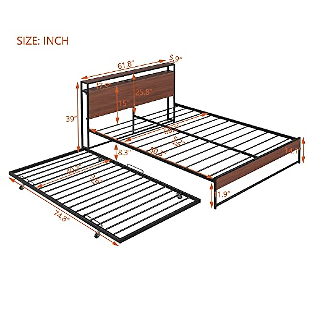 SOFTSEA Queen Size Metal Platform Bed Frame with Trundle, Metal Bed Frame with USB Ports, Queen Trundle Bed with Storage Headboard Metal Panel Bed with Shelf for Bedroom Guestroom, Black