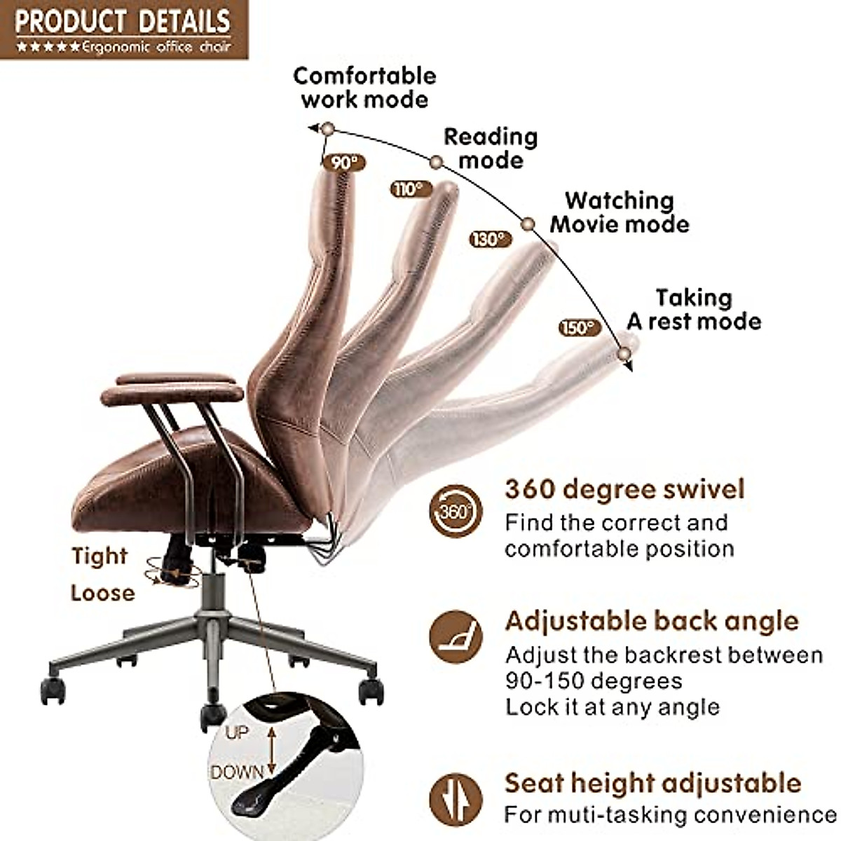 XIZZI Ergonomic Chair, Modern Computer Desk Chair,Executive Swivel Task Chair with Armrests Support (Dark Brown)