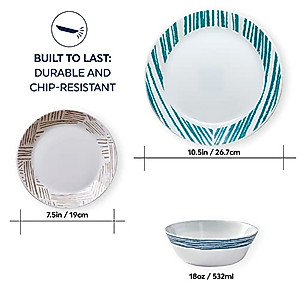 Corelle Everyday Expressions 12-Pc Dinnerware Set, Service for 4, Durable and Eco-Friendly, Higher Rim Glass Plate & Bowl Set, Microwave and Dishwasher Safe, Geometrica