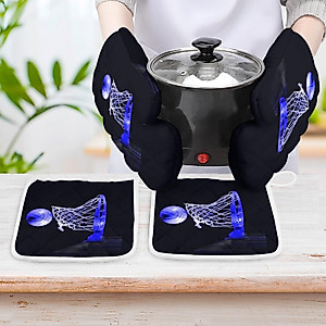 4Pcs Oven Mitts and Pot Holders Set, Blue Basketball Oven Mitts Gloves Set Heat Resistant Hot Pads for Kitchen Cooking Grill