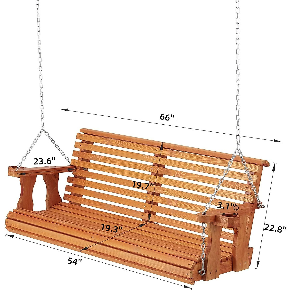 U-MAX Upgraded 2-3 Person Wooden Porch Swing, Outdoor Wooden Swing with Hanging Chains, Heavy Duty 800 LBS Capacity Porch Swing Chair Bench with Cupholders for Patio, Backyard, Garden (Natural, 6.5FT)
