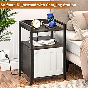 Salfanre Nightstand with Charging Station, End Table, Side Table, Bedside Table, with USB Ports and Outlets, Brown and White