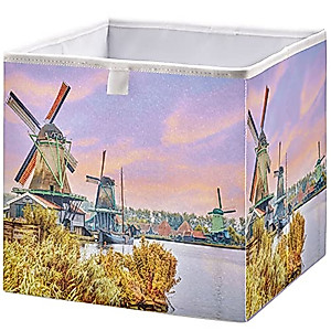 visesunny Closet Baskets Windmill in The Suburbs Of Amsterdam Storage Bins Fabric Baskets for Organizing Shelves Foldable Storage Cube Bins for Clothes, Toys, Baby Toiletry, Office Supply