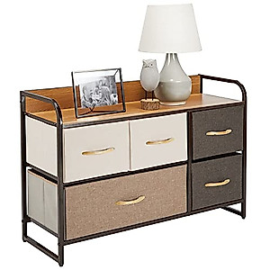 mDesign Wide Dresser Chest with 5 Removable Fabric Drawers - Furniture Storage Unit with Steel Frame and Wood Top for Bedroom, Office, Home Organization - Multi-Color/Espresso Brown