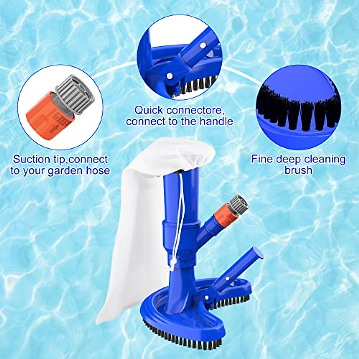 Upgraded Pool Vacuum for Above Ground Pools with Unique Lock Catch Design,Brushes & Leaf Bag,Portable Pool Vacuum Jet Handheld Pool Leaf Vacuum,Attaches to Garden Hose for Pool Spas Ponds