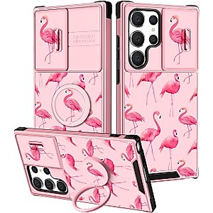 Goocrux (2in1 for Samsung Galaxy S23 Ultra Case Flamingo for Women Girls Cute Girly Phone Cover Flamingos Design with Slide Camera Cover+Ring Holder Unique Aesthetic Cases for S23 Ultra 5G 6.8''