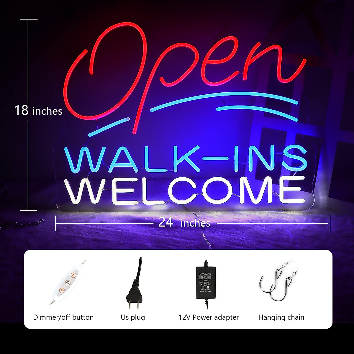 Vinray Large Open Walk Ins Welcom Neon Sign,Led Open Business Signs for Shop Bar Club Pub.Super Bright Light Red Open for Barber Shop or Restaurant,12V Powered.