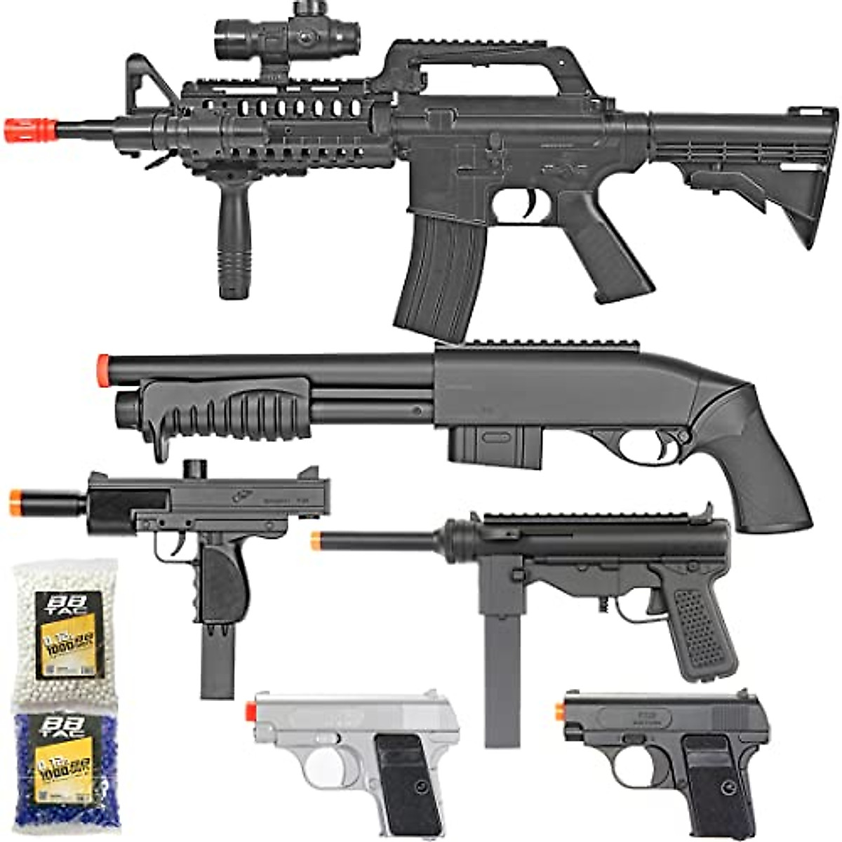 BBTac Airsoft Gun Package - Dark Ops - Collection of Airsoft Guns - Powerful Spring Rifle, Shotgun, Two SMG, Mini Pistols and BB Pellets, Great for Starter Pack Game Play