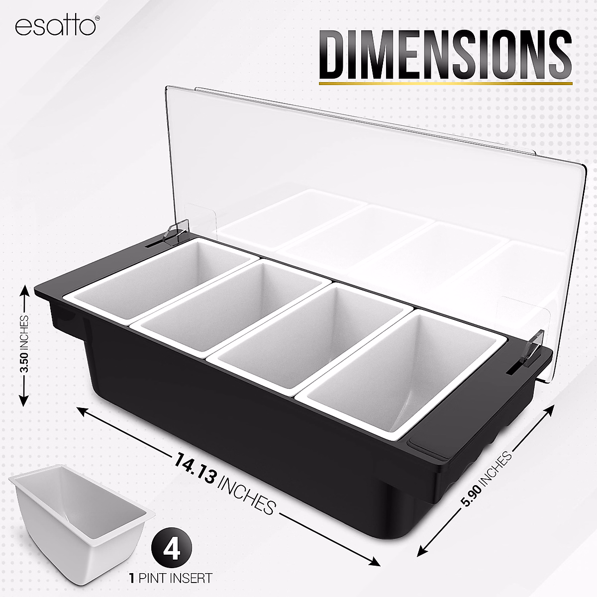 Esatto Bar Products Condiment Holder for Serving Container Chilled Garnish Tray with Lid for Bar Caddy, 4-1 Pint Inserts, With Added 12 Liquor Bottle Pourers, and 12 Pourer Covers - Black