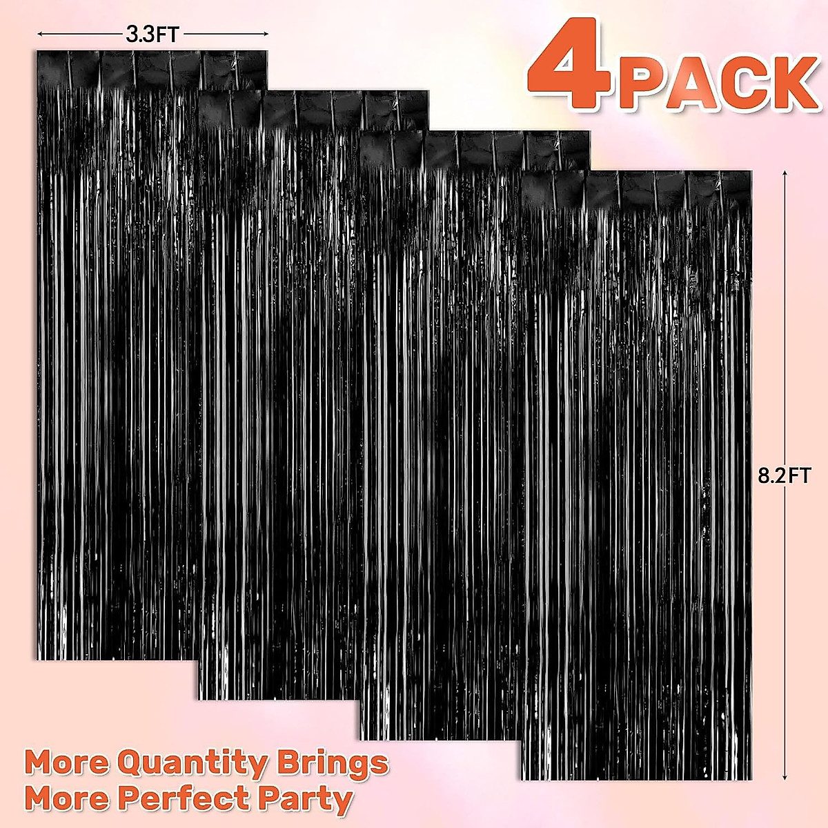 4-Pack Backdrop for Party Decorations, Foil Fringe Backdrop Curtains, Tinsel Streamers for Birthday Party Decorations, Black Tinsel Curtains for Halloween Bachelorette Prom Disco Hollywood Theme Party