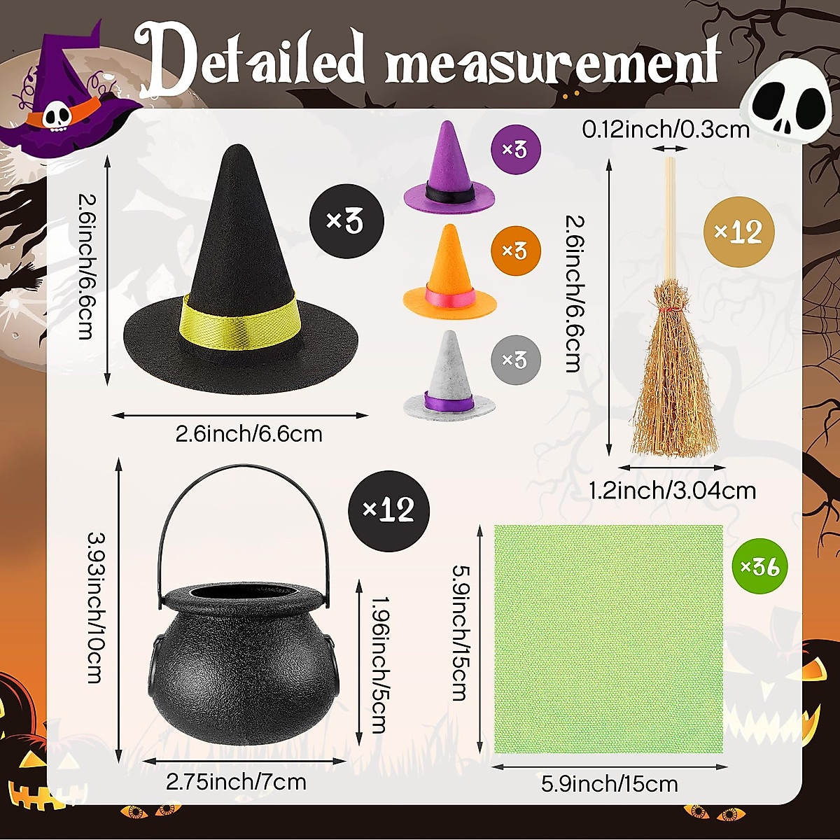 Deekin 48 Pcs Halloween Party Decorations Witch Accessories, Include Mini Witch Hat and Witch Broom, Miniatures Plastic Cauldron Pot and Mesh Gauze for Halloween Wizard Theme Party Favor, DIY Craft