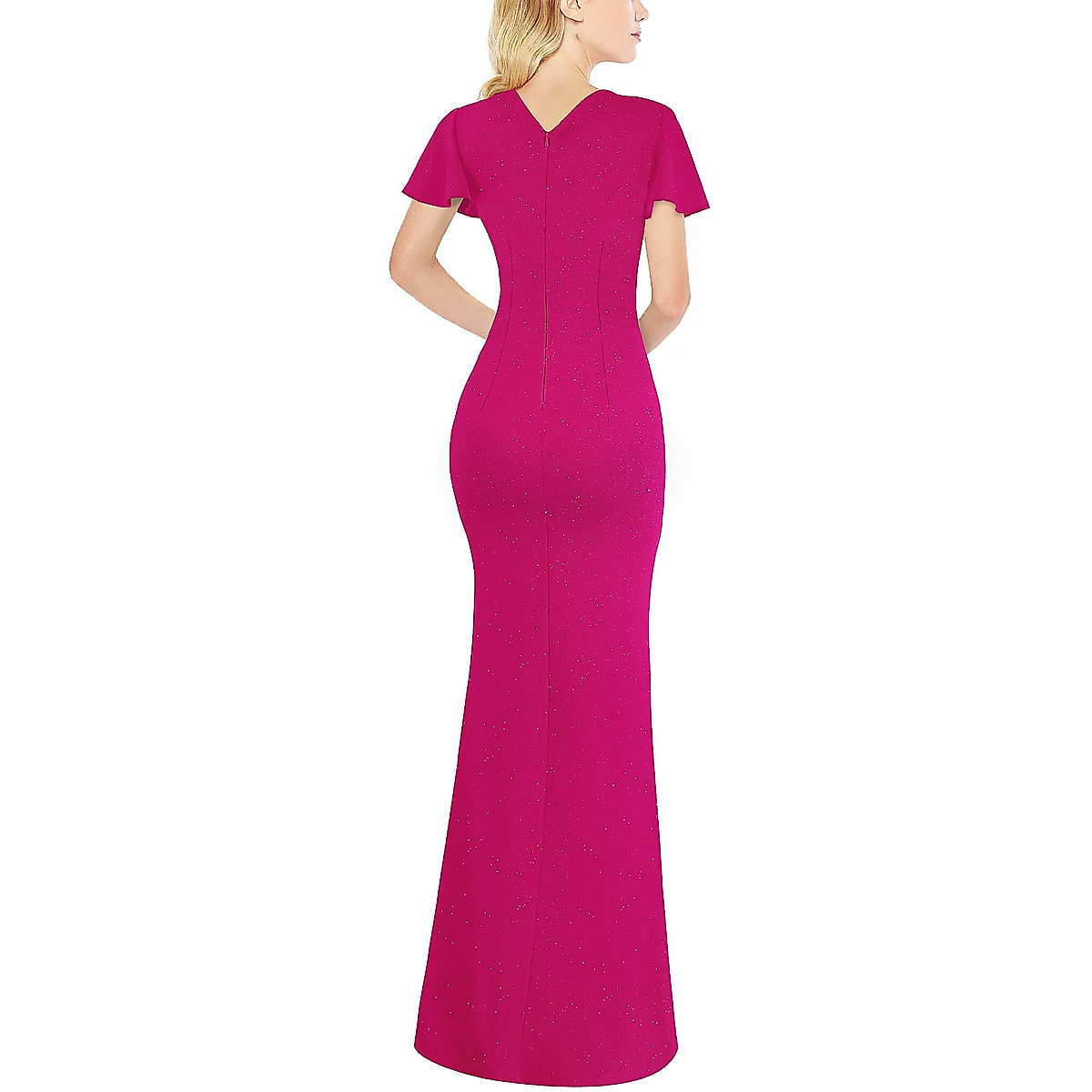 VFSHOW Womens Ruched Wrap V Neck Ruffle Formal Peplum High Slit Maxi Long Dress 2023 Wedding Guest Cocktail Prom Glitter Evening Gown (Hot Pink, Medium) 3121 HPIK M