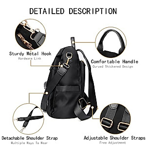 Karani Backpack Purse for Women Anti-theft, Water-resistant Nylon Travel Purse Shoulder Bag with Detachable Strap (Black)