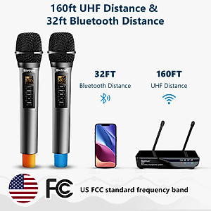 Bietrun Wireless Microphone with Echo/Treble/Bass, UHF 160ft Range, Dual UHF Cordless Dynamic Mic Handheld Microphone System for Home Karaoke, Meeting, Party, Wedding(Receiver with Bluetooth)